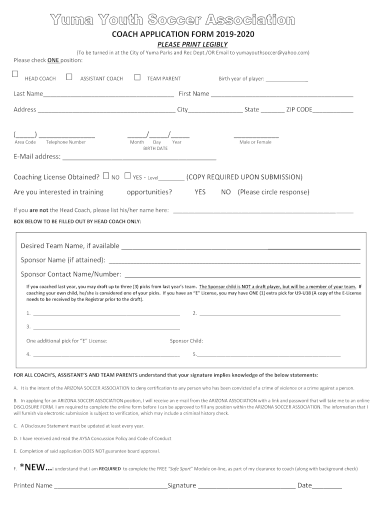 Fillable Online coach application form 2019-2020 - City of Yuma Fax Email Print - pdfFiller