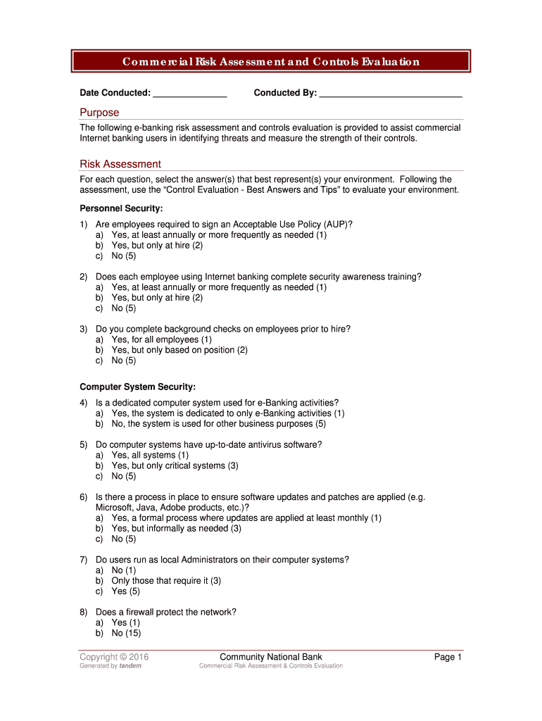 Fillable Online Sample bank risk assessment Fax Email Print - pdfFiller