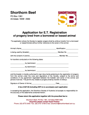 Fillable Online Application for ET Registration of Progeny Bred ...