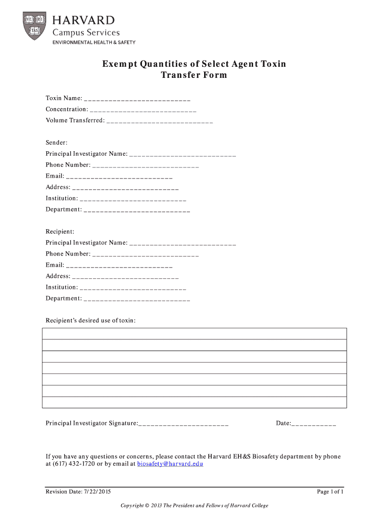 Fillable Online Exempt Quantities of Select Agent Toxin Transfer Form ...