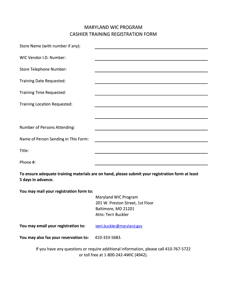 Fillable Online maryland wic program cashier training registration form ...