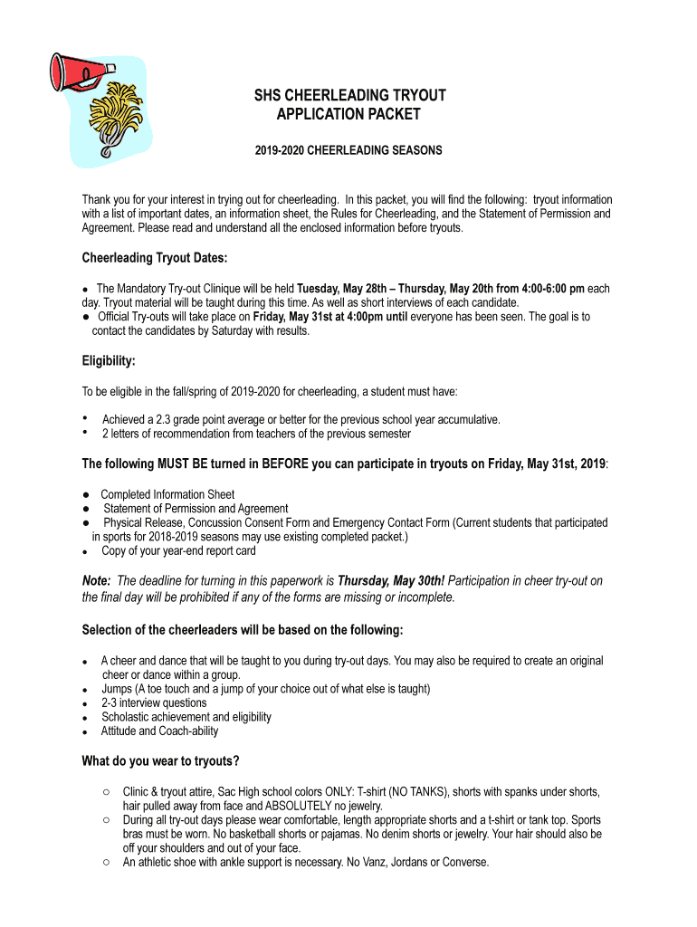 Fillable Online 2019-2020 Cheerleading Tryout Packet - Jackson R-2 ...