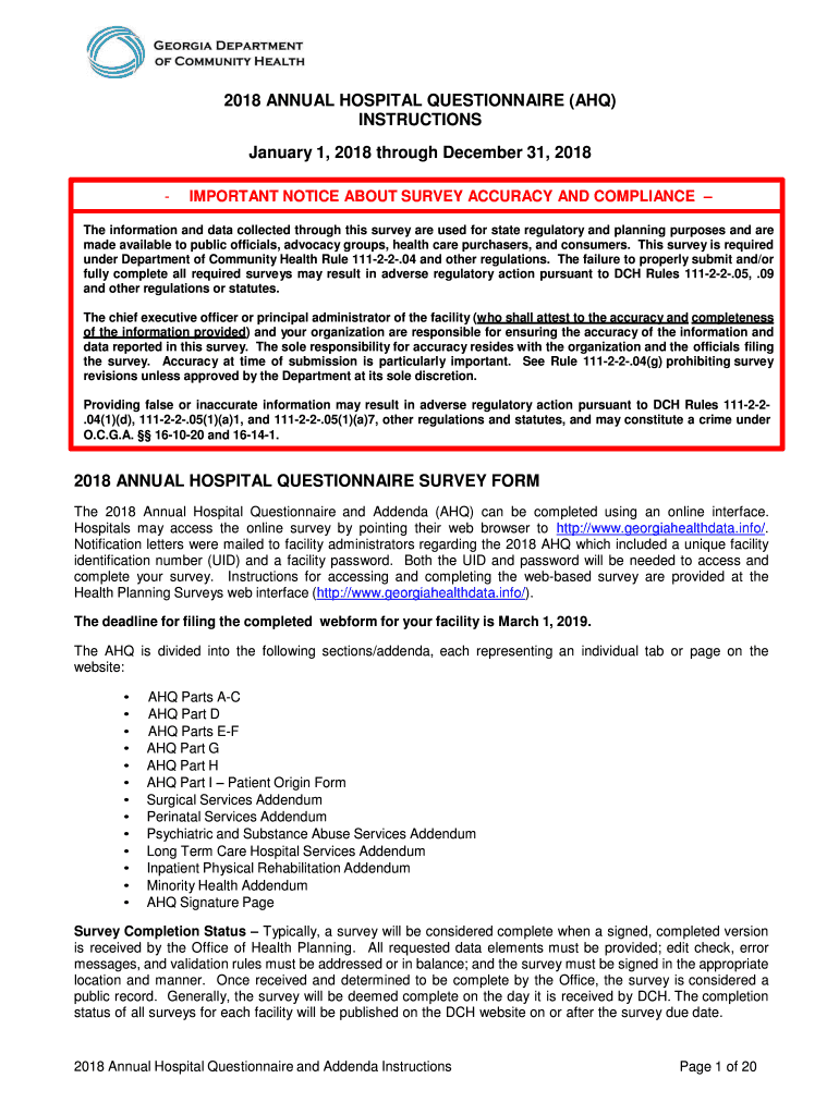 Fillable Online 2018 ANNUAL HOSPITAL QUESTIONNAIRE SURVEY FORM Fax ...