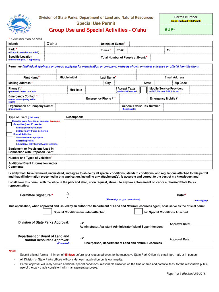 Fillable Online State Parks Permit Information - Department of Land and ...