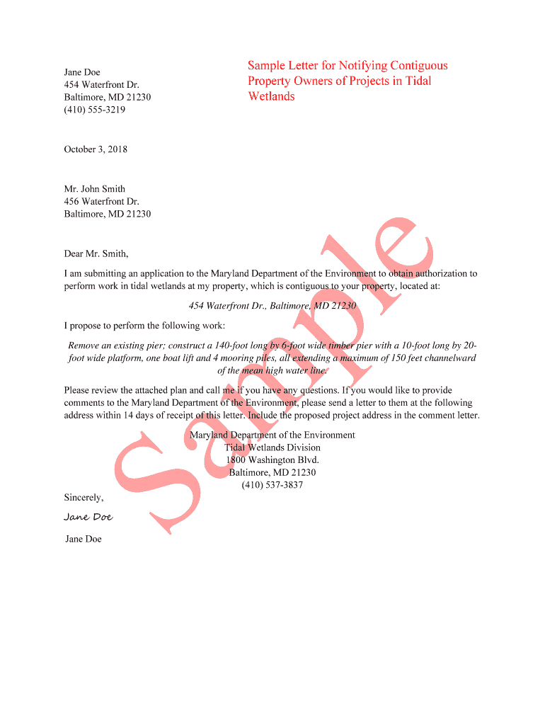 Fillable Online mde maryland Sample Letter for Notifying Contiguous ...