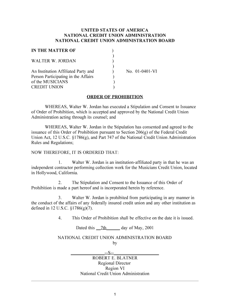 Fillable Online Order of Prohibition for Walter W. Jordan -- 01-0401-VI ...
