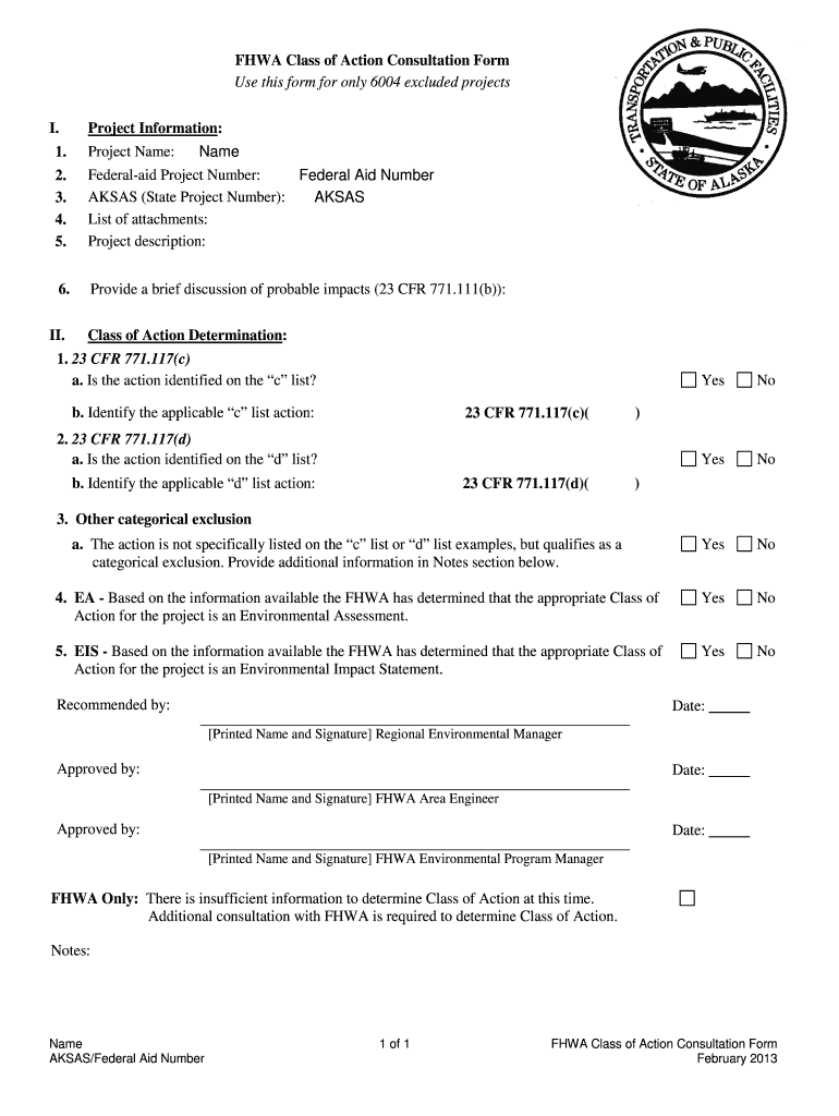 Fillable Online dot alaska FHWA Class of Action Consultation Form Use ...