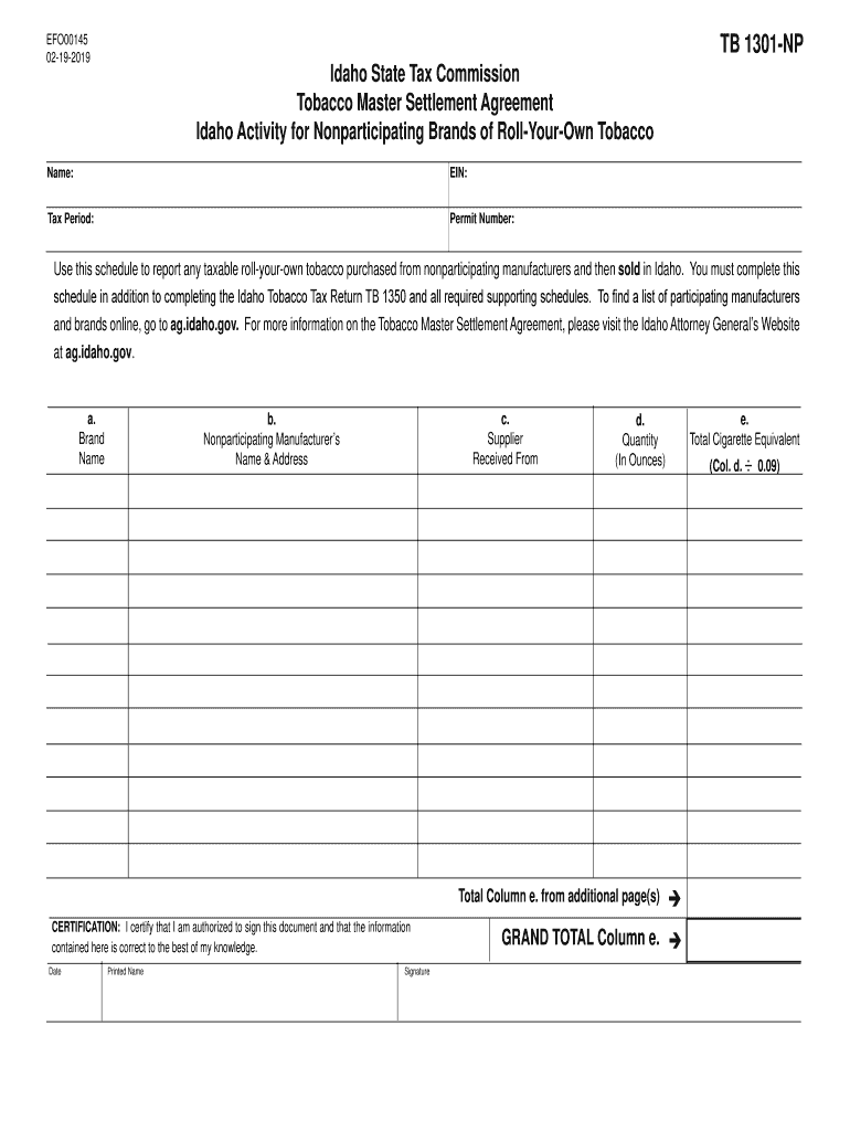 Fillable Online Form TB 1301-NP, Tobacco Master Settlement Agreement ...