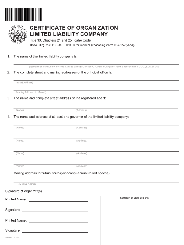 CERTIFICATE OF ORGANIZATION LIMITED LIABILITY COMPANY: Fill out & sign ...
