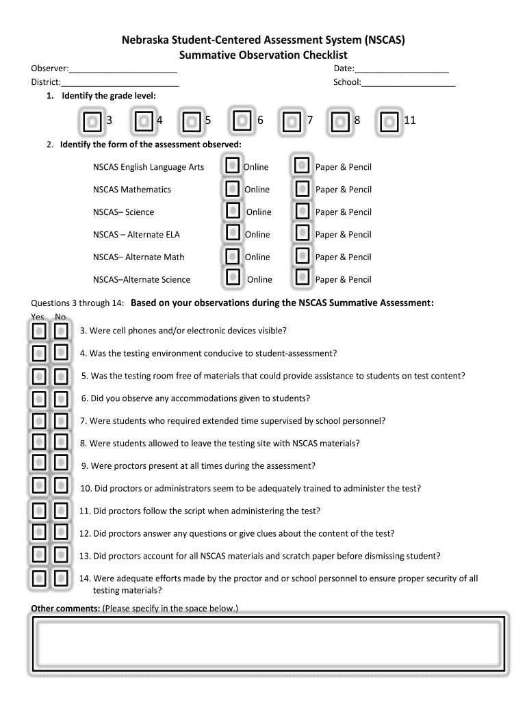 Fillable Online (NSCAS) Summative Observation Checklist 3 4 5 6 7 8 Fax ...