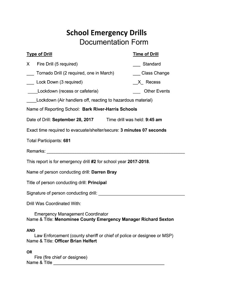 Fillable Online School Emergency Drills - Bark River-Harris Schools Fax ...