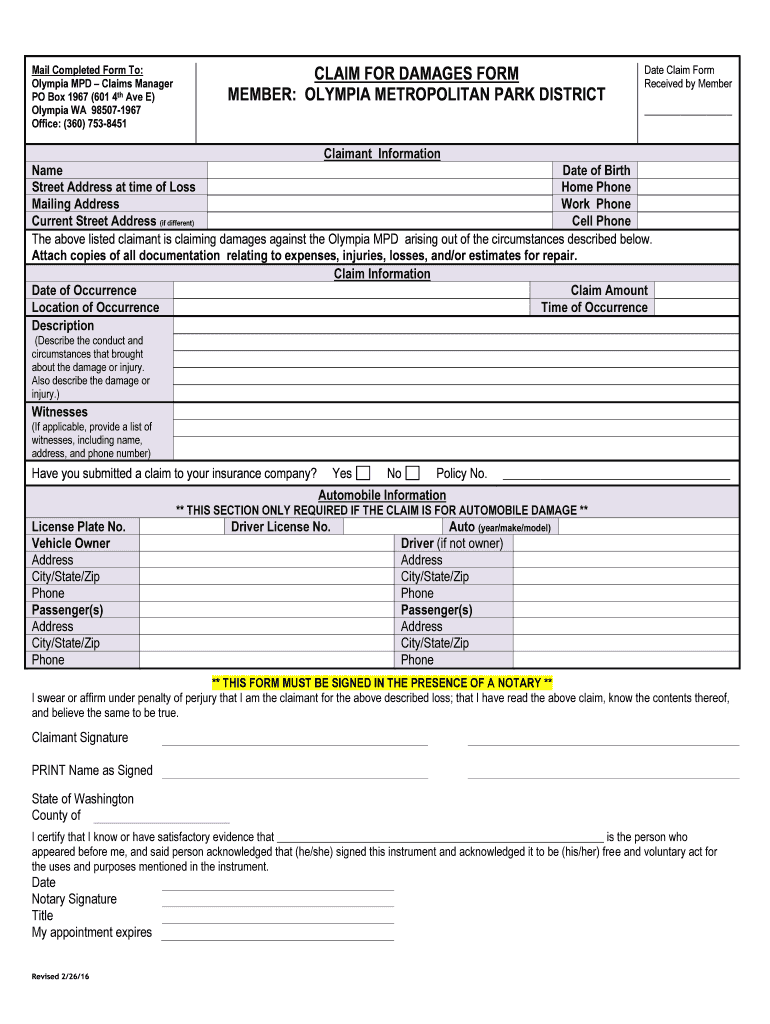 Fillable Online claim for damages form member: olympia metropolitan ...