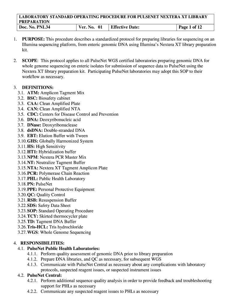 Fillable Online Lab SOP for PulseNet Nextera XT Library Preperation ...