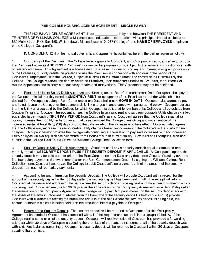 Fillable Online THIS HOUSING LICENSE AGREEMENT dated NAME OF EMPLOYEE ...