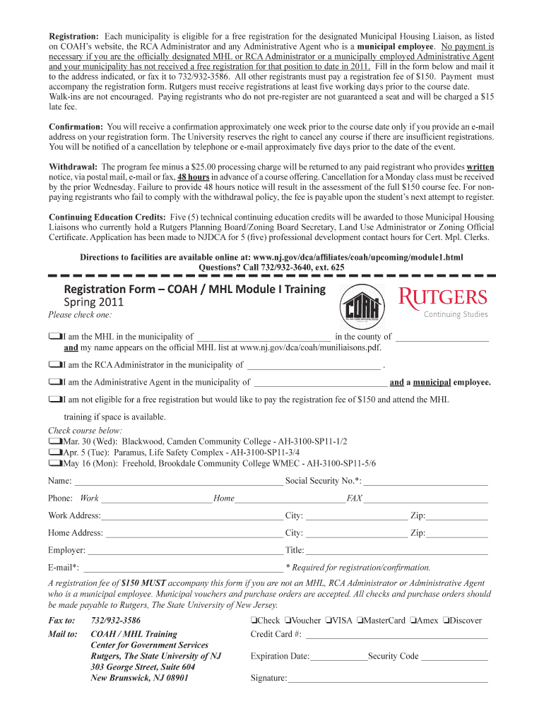 Fillable Online Registration Form COAH / MHL Module I Training Spring ...