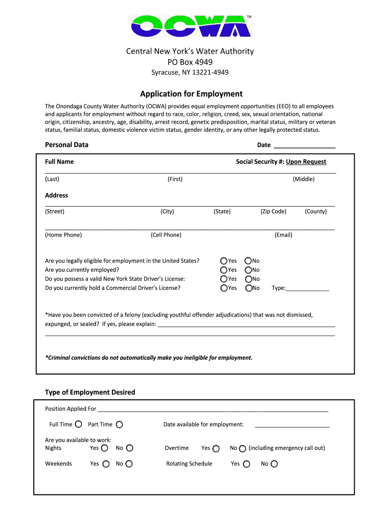 Fillable Online Application for Employment Central New York's Water ...