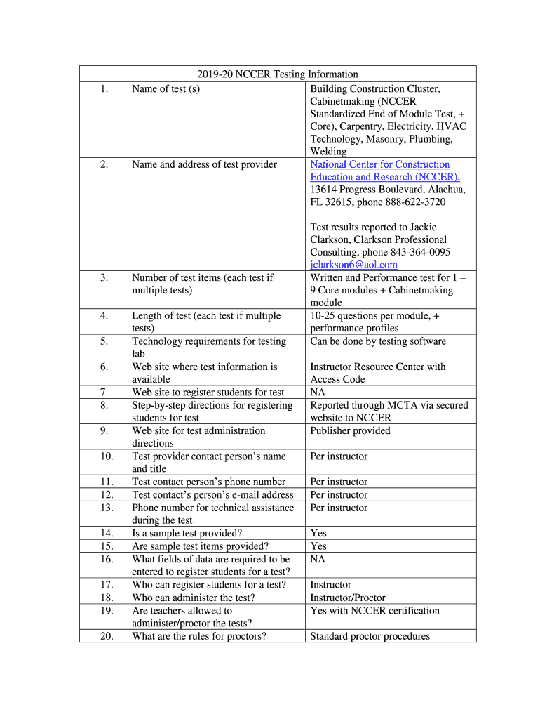 Fillable Online ed sc NCCER Testing Information Form Fax Email Print ...