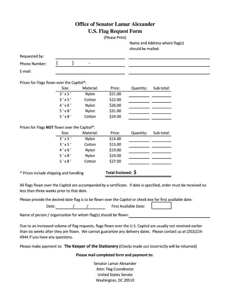 Fillable Online Office of Senator Lamar Alexander U.S. Flag Request ...