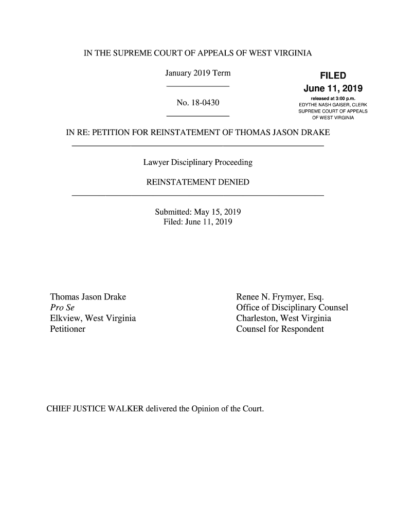 Fillable Online Petition for Reinstatement of Thomas Jason Drake Fax ...