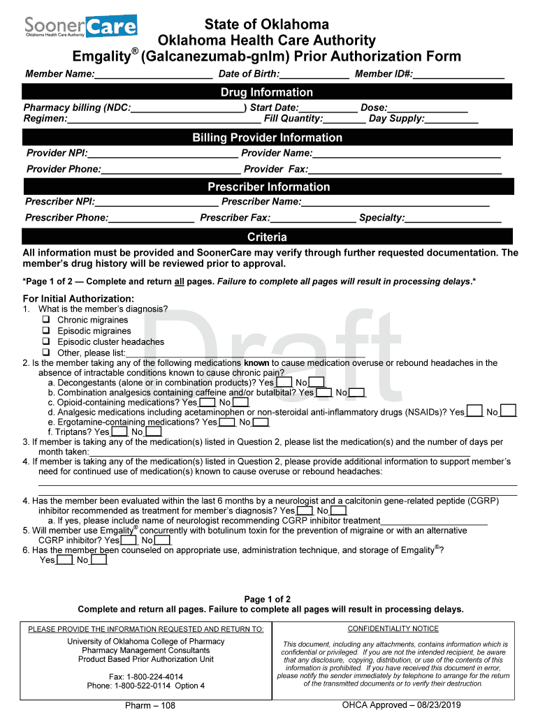 Fillable Online State of Oklahoma Oklahoma Health Care Authority Emgality ... Fax Email Print ...
