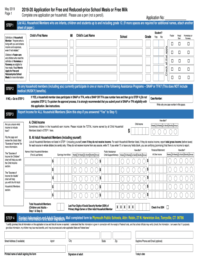 Fillable Online plymouth k12 ct 2019-2020 Free Reduced Lunch ...