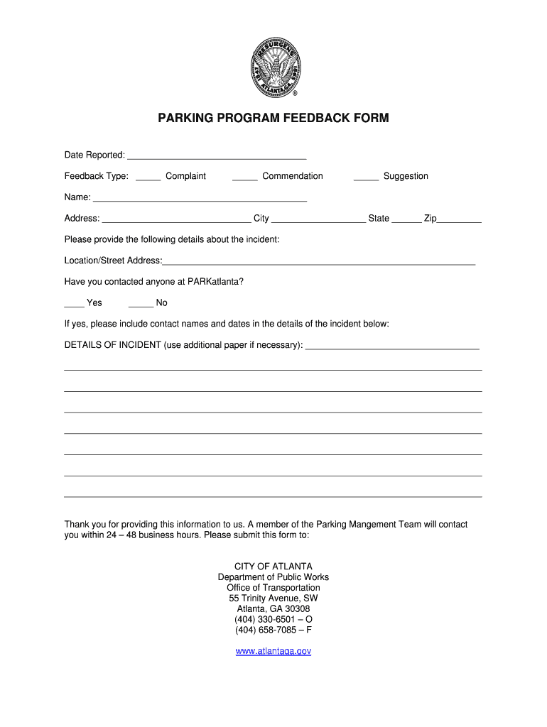 Fillable Online PARKING PROGRAM FEEDBACK FORM Fax Email Print - pdfFiller