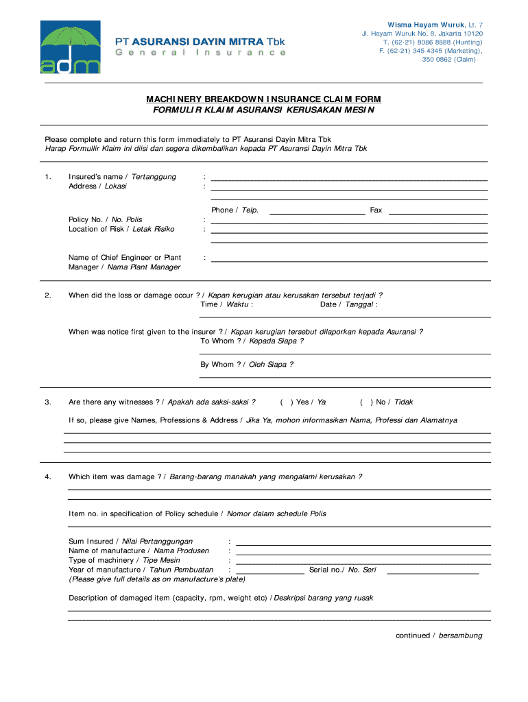 Fillable Online machinery breakdown insurance claim form formulir klaim ...