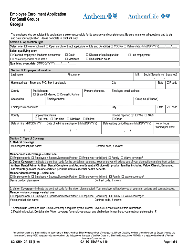 Fillable Online Employee Enrollment Application For Small Groups ...