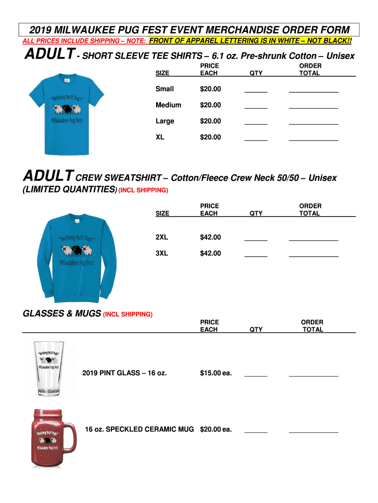 Fillable Online 2019 milwaukee pug fest event merchandise order form ...