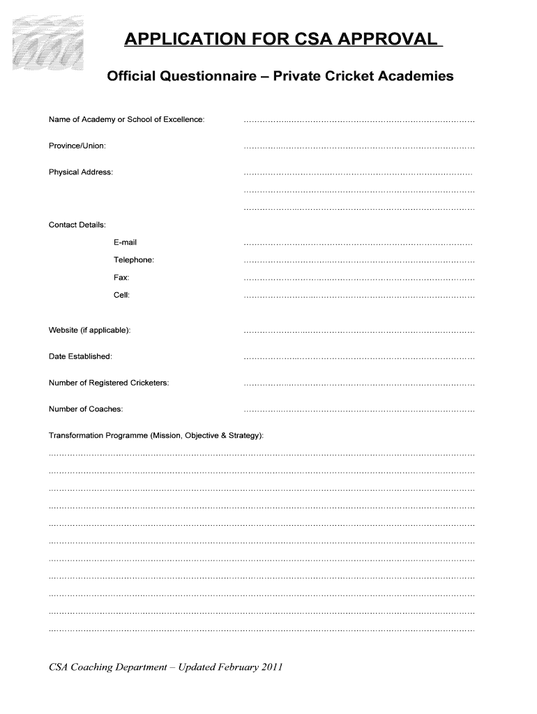 Fillable Online Private Cricket Academies - Application for CSA ...