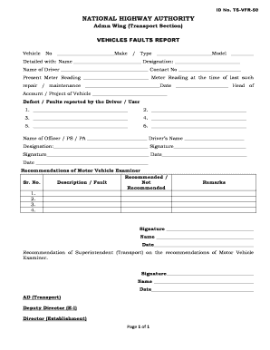 Fillable Online Vehicles Faults Report - National Highways Authority ...