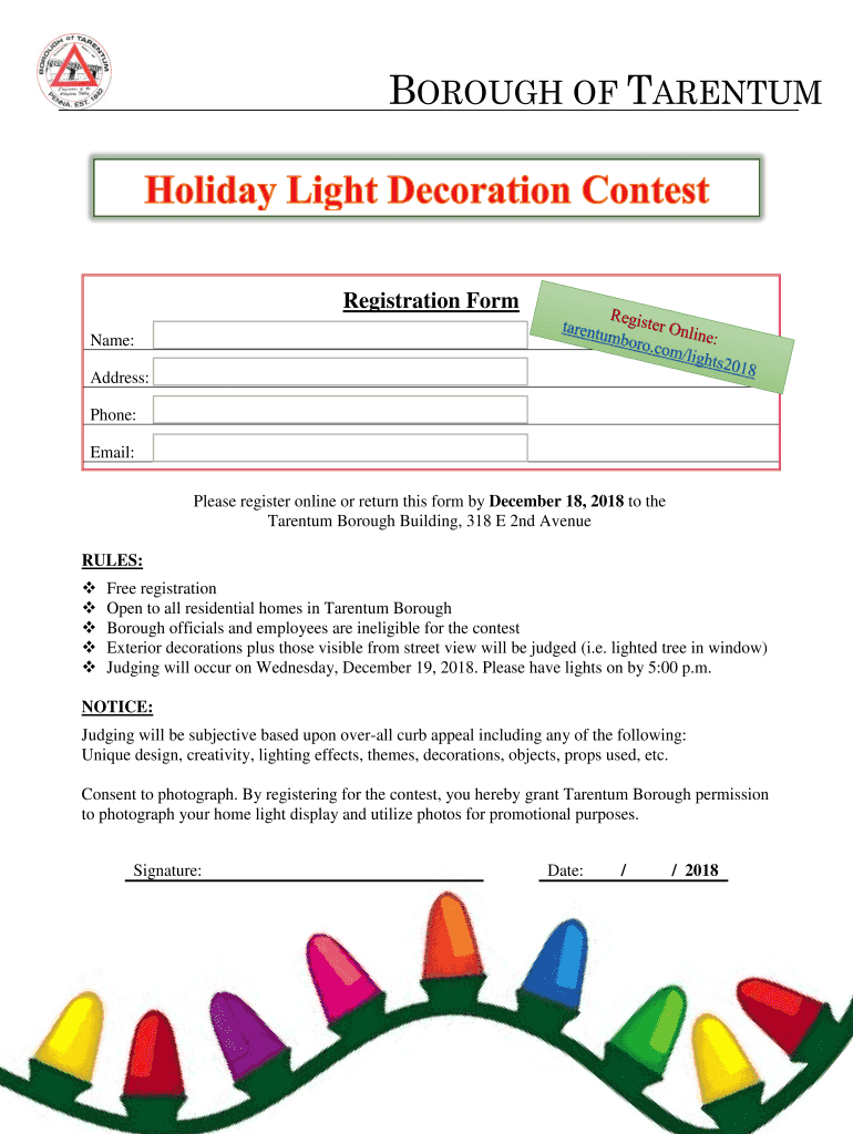 Fillable Online 2018 Tarentum Holiday Light Decoration Registration ...