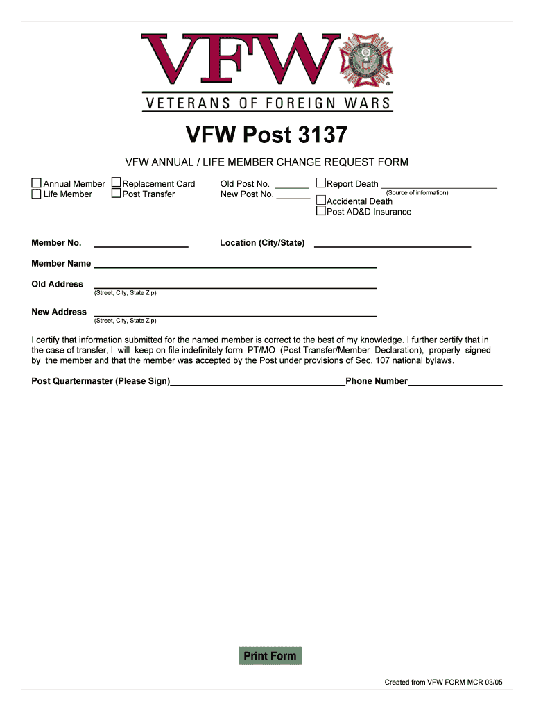 Fillable Online vfw-annual-life-member-change-request-vfw-form-mcr-0305 ...