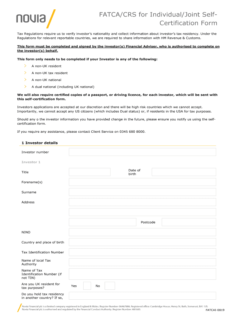 Fillable Online FATCA/CRS for Individual/Joint Self- Certification Form ...