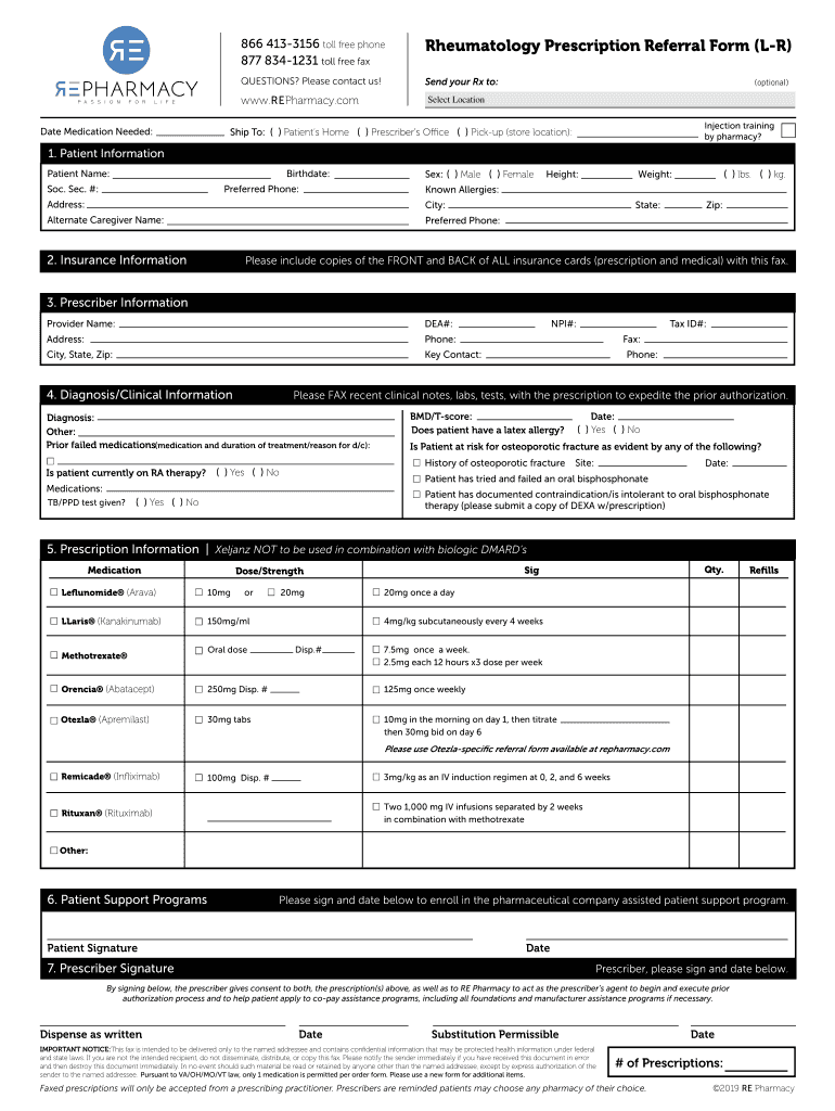 Fillable Online Rheumatology Prescription Referral Form - RE PHARMACY Fax Email Print - pdfFiller