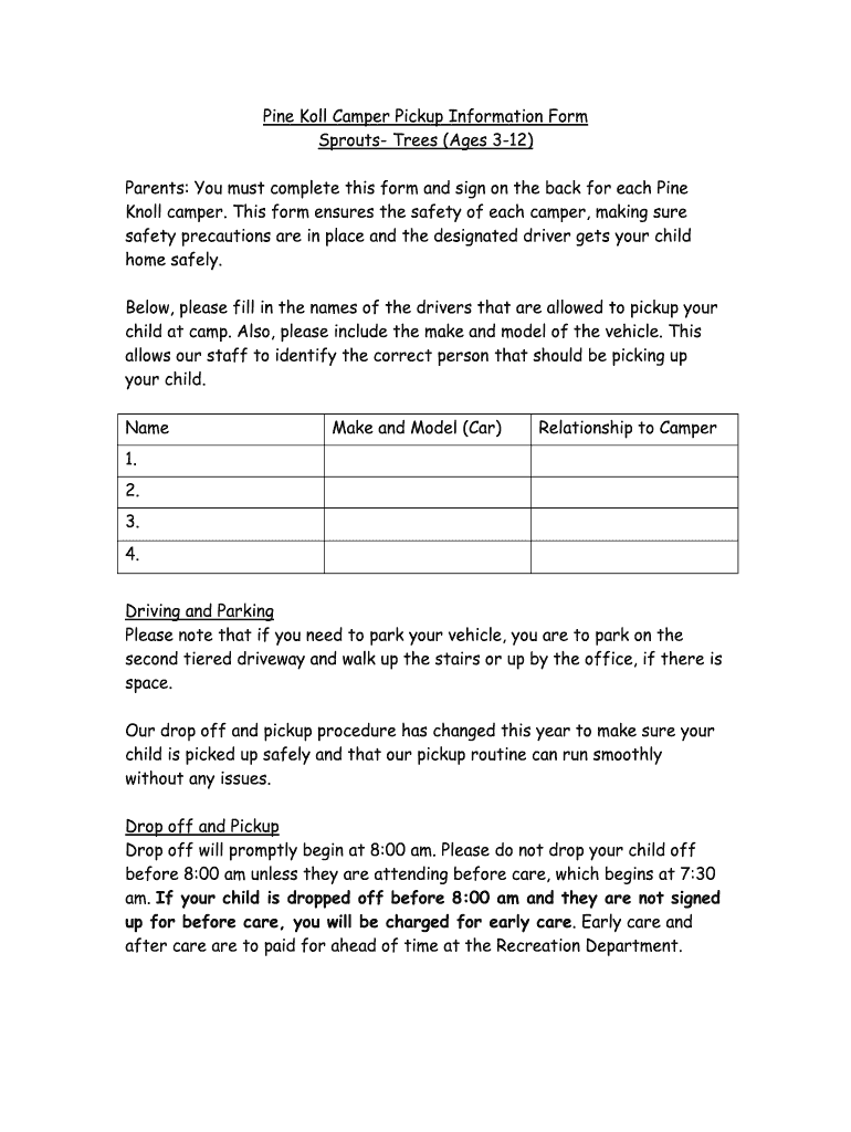 Fillable Online Pine Koll Camper Pickup Information Form Sprouts- Trees ...