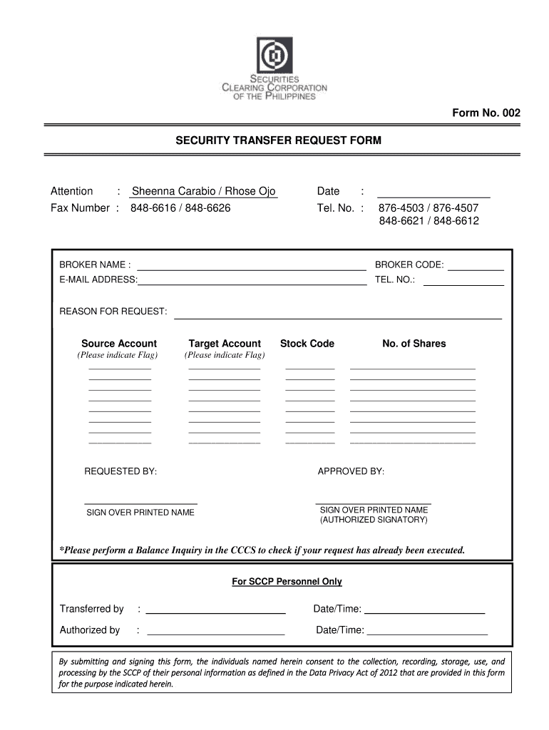 Fillable Online Form No. 002 SECURITY TRANSFER REQUEST FORM Fax Email ...