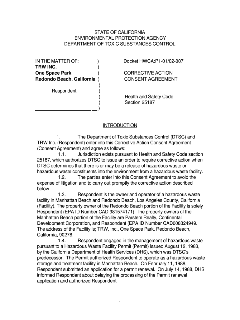 Fillable Online dtsc ca TRW Corrective Action Consent Agreement - Department of ... Fax Email ...
