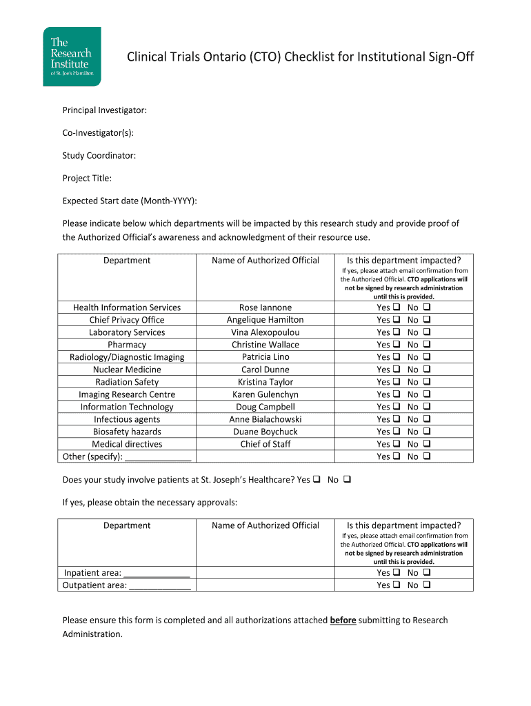 Fillable Online research stjoes Clinical Trials Ontario (CTO) Checklist for Institutional ...
