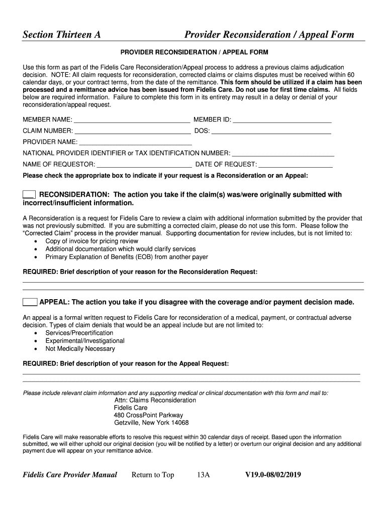 Fidelis Care Provider Reconsideration Appeal Form - Blank Fillable ...