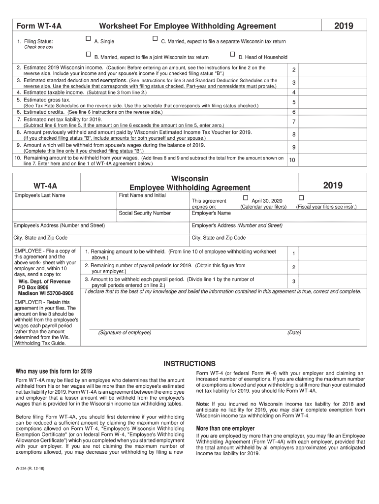 Fillable Online 2018 W-234 Form WT-4A, Worksheet for Employee ...