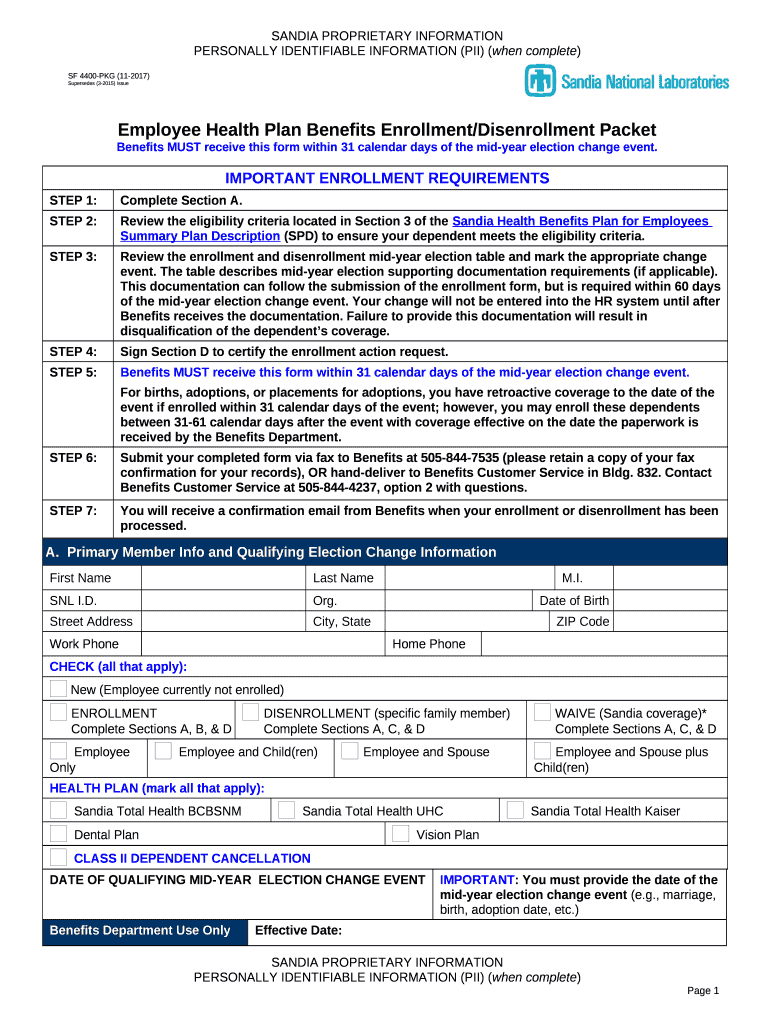 SF 4400-PKG; Employee Health Plan Benefits Enrollment/Disenrollment ...