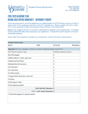 Fillable Online Income and Expense Worksheet-Dependent Students 2018 ...