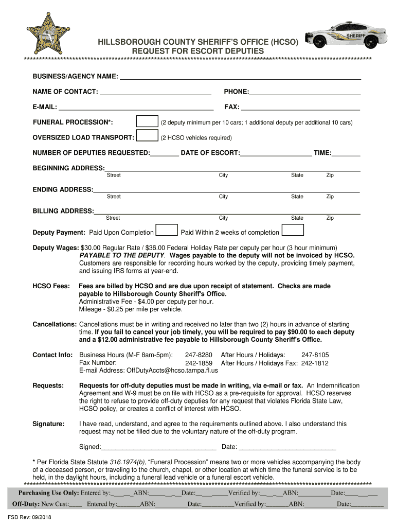 Fillable Online Request for Escort Deputies - Hillsborough County ...