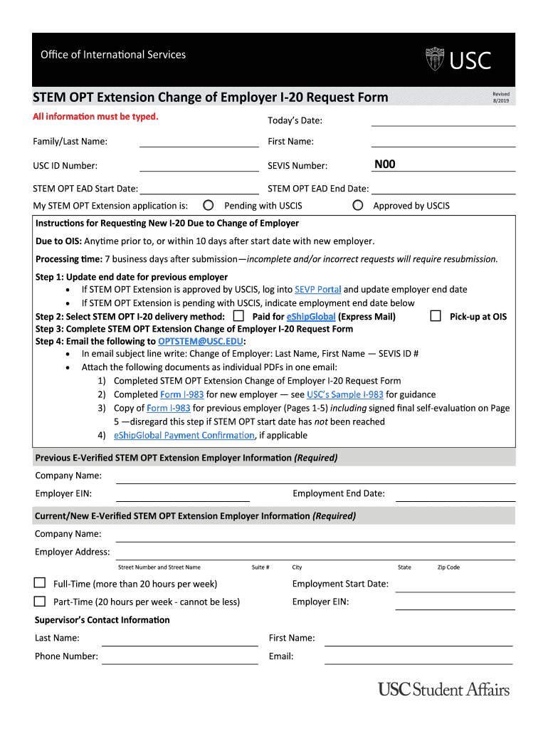 Fillable Online STEM OPT Extension Change of Employer I-20 Request Form ...