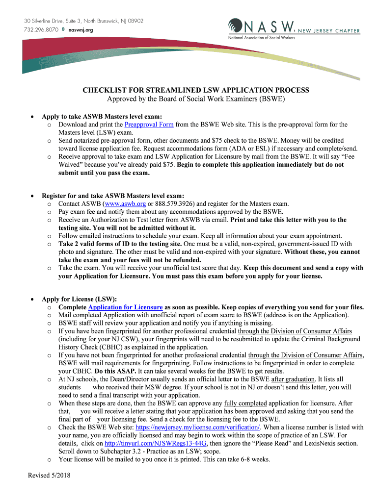 Fillable Online CHECKLIST FOR STREAMLINED LSW APPLICATION PROCESS ...