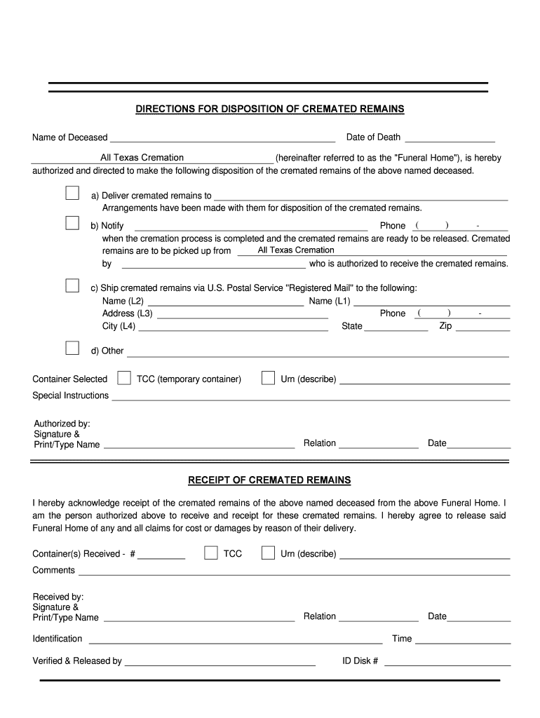 Fillable Online DIRECTIONS FOR DISPOSITION OF CREMATED REMAINS Fax ...