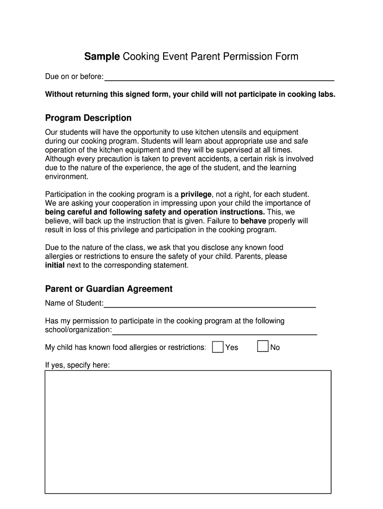 Fillable Online Sample Cooking Event Parent Permission Form - Food ...