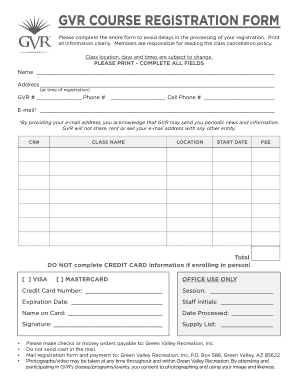 Fillable Online GVR Course Registration Form - Green Valley Recreation ...