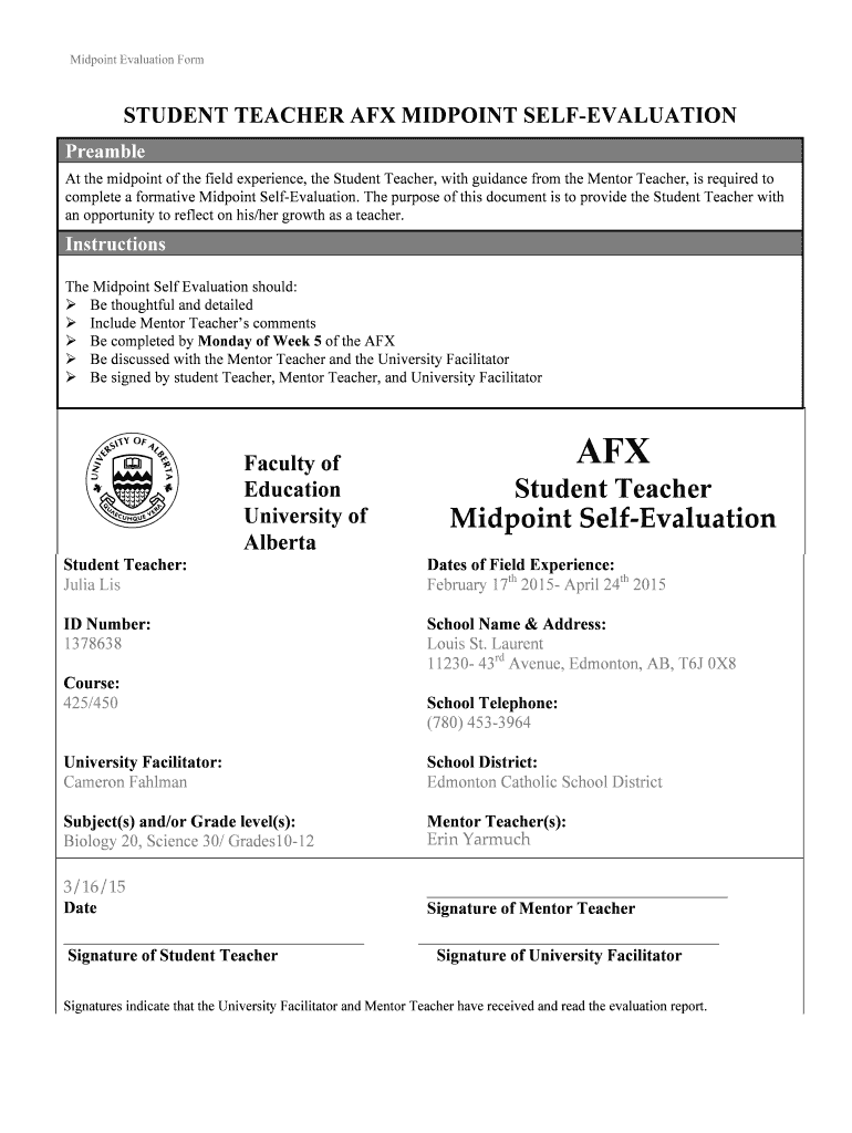 Fillable Online Student Teacher Midpoint Self-Evaluation - Heather Paetz's ... Fax Email Print ...